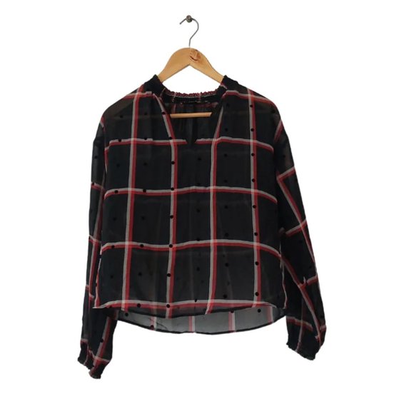 Zara | Tops | Zara Black Red Checked Sheer Blouse | Poshmark